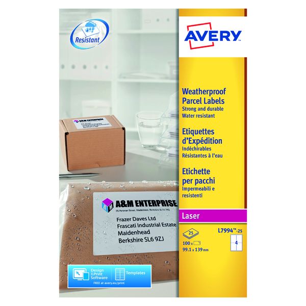 Avery Weatherproof Shipping Label 99.1x139mm 4 Per Sheet White (100 ...