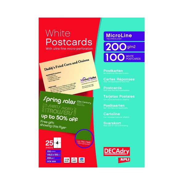 Decadry Postcards A4 Micro-perforated Sheet White (100 Pack) OCB3325 ...