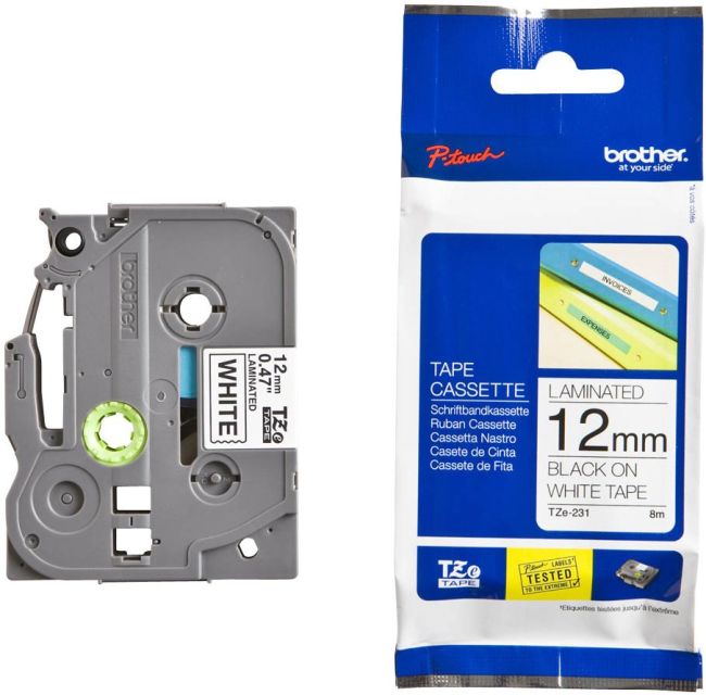 Brother TZ231 & TZE231 | 12mm x 8m Gloss Black On White Tape Cassette ...