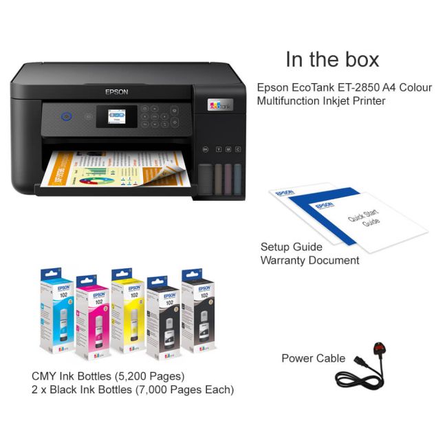 Epson EcoTank ET-2850 A4 Colour Multifunction Inkjet Printer C11CJ63401 ...