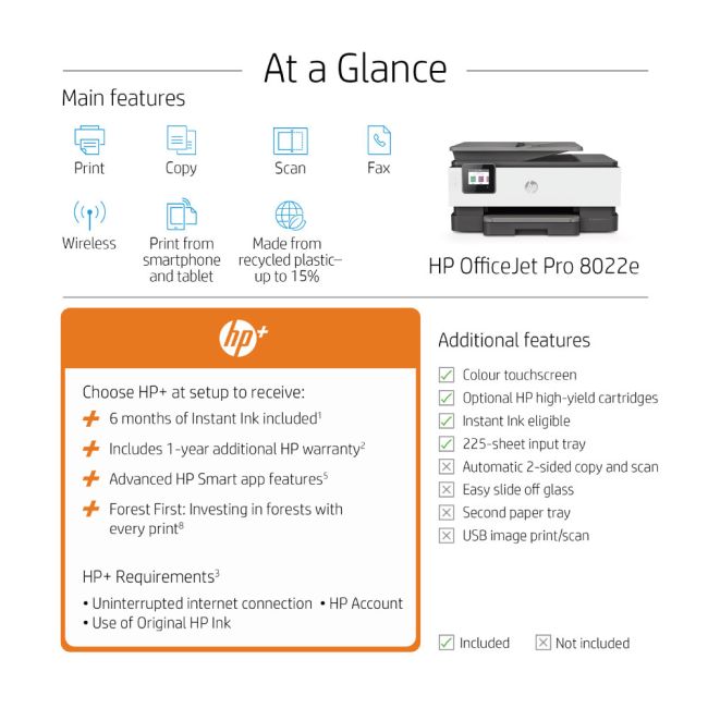 HP OfficeJet Pro 8022e A4 Colour Multifunction Inkjet Printer 226Y0B ...