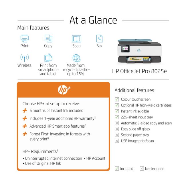 HP OfficeJet Pro 8025e A4 Colour Multifunction Inkjet Printer - HP Plus ...