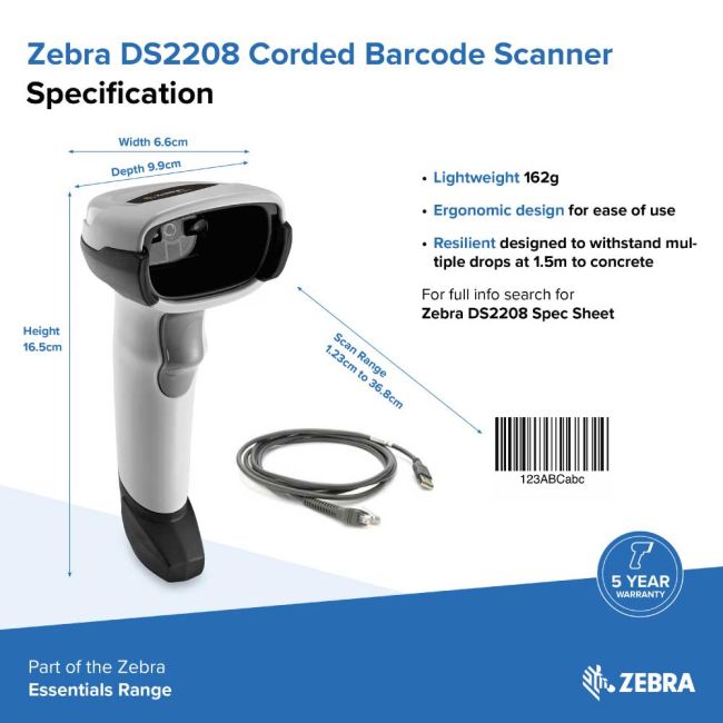 Zebra DS2208 Handheld Barcode Scanner With Stand | Printer Base