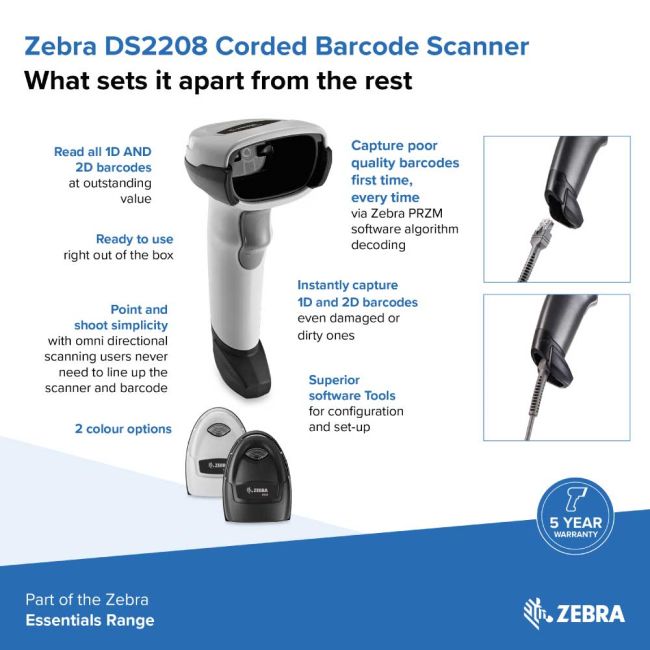 Zebra DS2208 Handheld Barcode Scanner With Stand | Printer Base