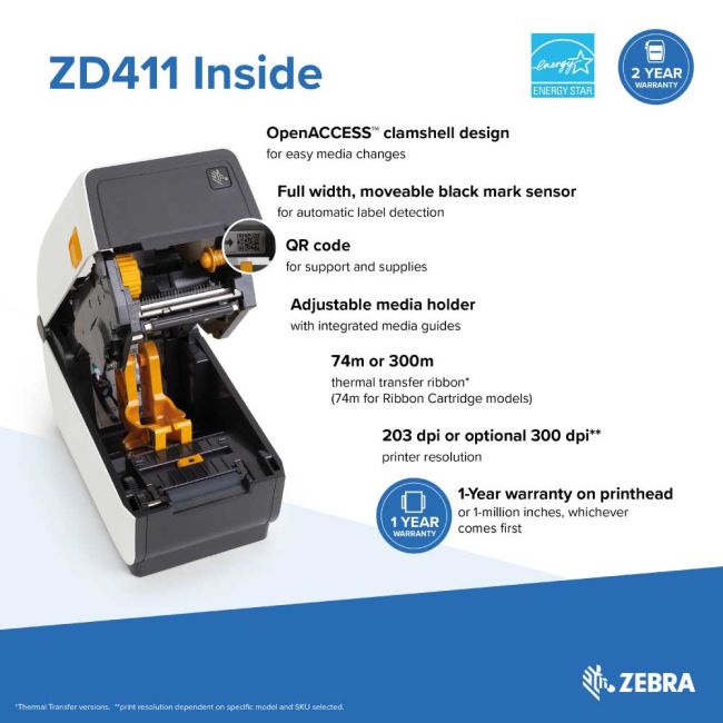 Zebra ZD411 Direct Thermal Label Printer (USB, Bluetooth, Wifi ...