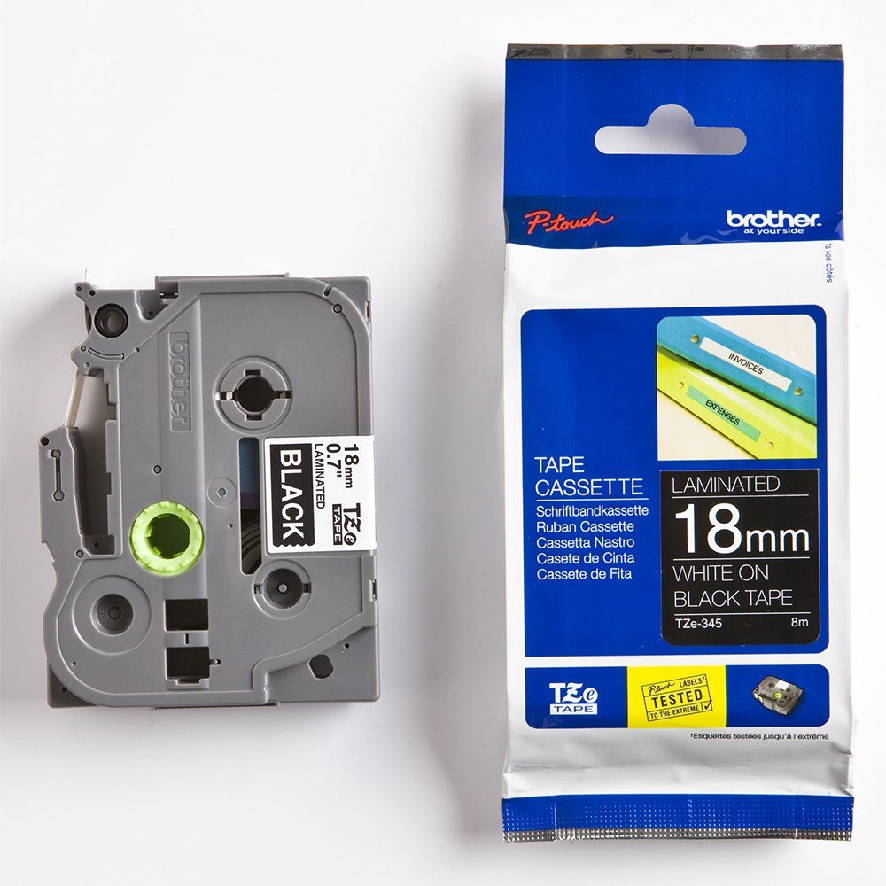 Brother TZ345 & TZE345 | 18mm x 8m Gloss White On Black Tape Cassette ...