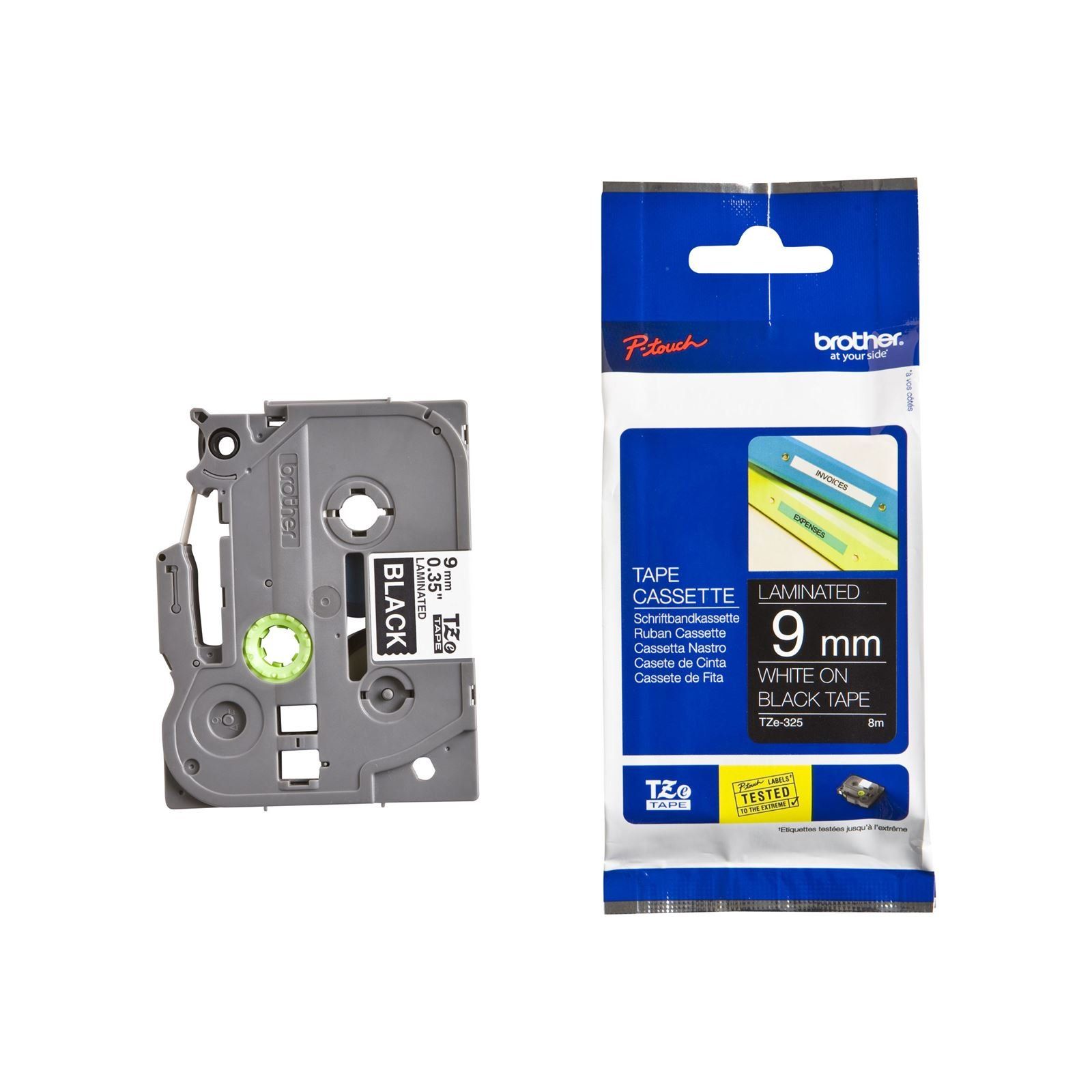 Brother TZ325 & TZE325 | 9mm x 8m Gloss White On Black Tape Cassette ...