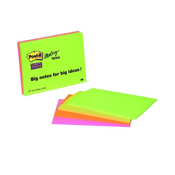 Post it Super Sticky Meeting Notes 149x98mm Neon Assorted 4 Pack 6445 4SS