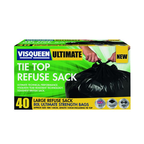 Visqueen Ultimate Tie Top Refuse Sack 80 Litre Black (40 Pack) RS057769 ...