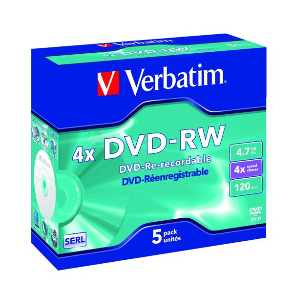 Verbatim DVD-RW 4X 4.7GB (5 Pack) 43285 | Printer Base