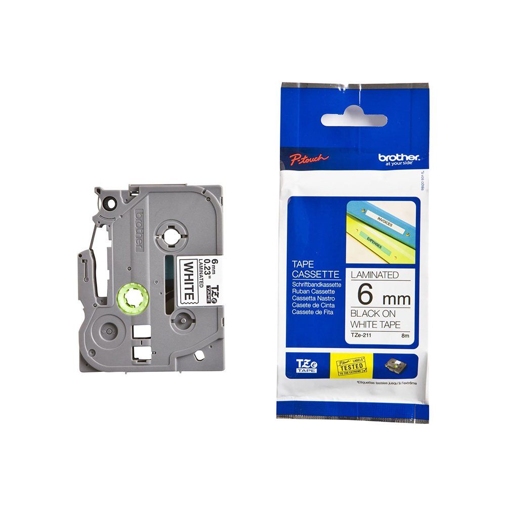 Brother TZ211 & TZE211 | 6mm Gloss Black On White Tape | Printer Base ...